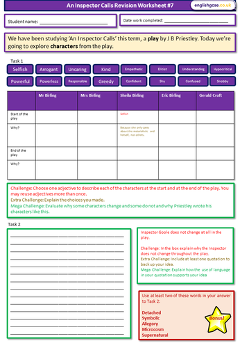 An Inspector Calls Revision Worksheets | Teaching Resources