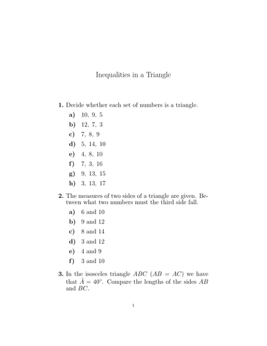 Inequalities in a Triangle Worksheet (with solutions) | Teaching Resources