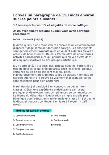 GCSE French writing-150 paragraph task (AQA current spec 8658 ...