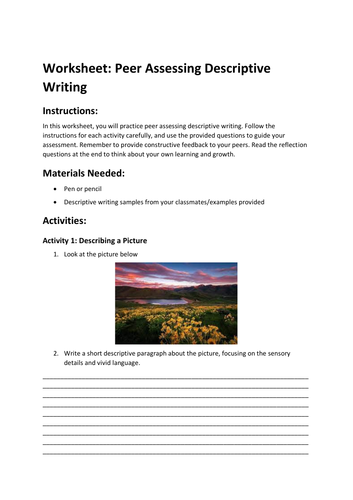 Descriptive Writing Peer Reviews/Examples/Worksheets | Teaching Resources