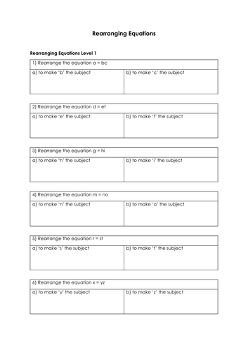 Worksheet Rearranging Equations (generic) | Teaching Resources