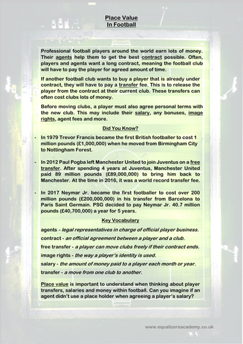 Place Value Maths in Football Worksheet and Answers - Equalizers ...