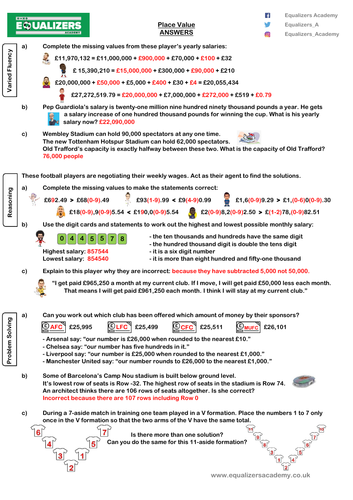 Place Value Maths in Football Worksheet and Answers - Equalizers ...