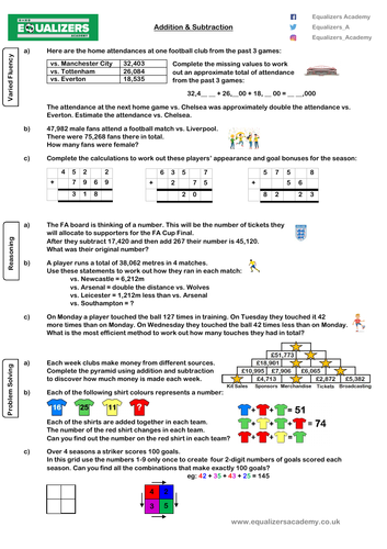 Addition and Subtraction Maths in Football Worksheet and Answers ...