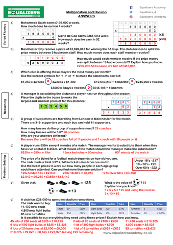 Multiplication and Division Maths in Football Worksheet and Answers ...