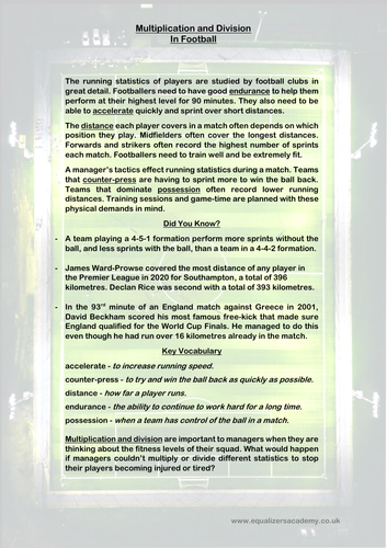 Multiplication and Division Maths in Football Worksheet and Answers ...
