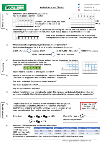 Multiplication and Division Maths in Football Worksheet and Answers ...