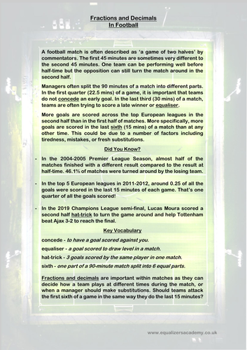 Fractions and Decimals Maths in Football Worksheet and Answers ...