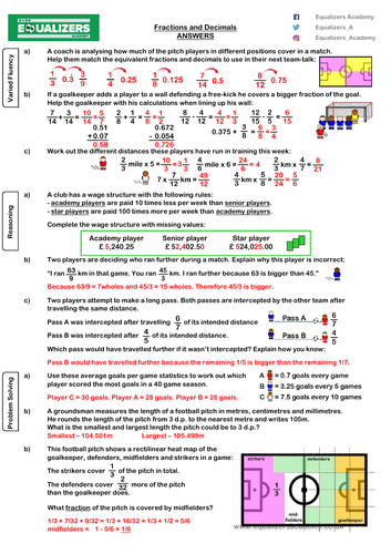 Fractions and Decimals Maths in Football Worksheet and Answers ...