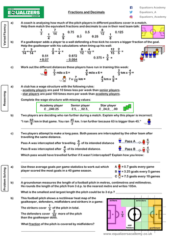 Fractions and Decimals Maths in Football Worksheet and Answers ...