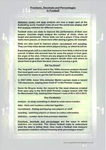 Fractions, Decimals and Percentages Maths in Football Worksheet and ...