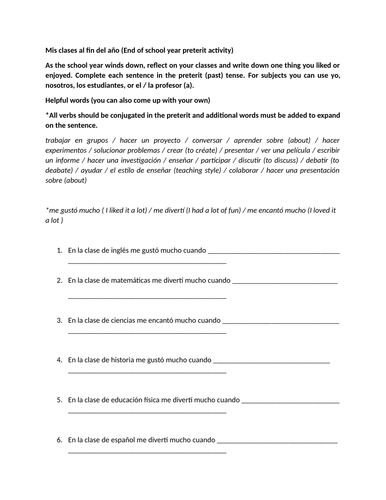 Mis clases al fin del año (End of school year preterit activity ...