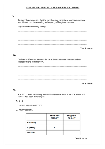 A-Level Psychology - CODING, CAPACITY AND DURATION [Memory Topic] | Teaching Resources
