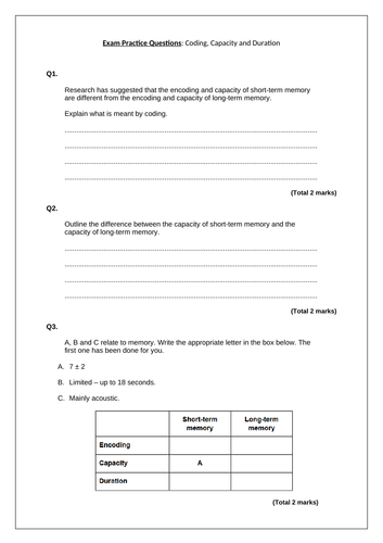 A-Level Psychology - CODING, CAPACITY AND DURATION [Memory Topic ...