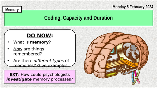 A-Level Psychology - CODING, CAPACITY AND DURATION [Memory Topic] | Teaching Resources