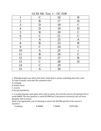 GCSE Economics Unit One - Multiple Choice tests (with answers ...