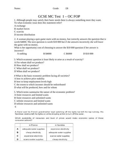 GCSE Economics Unit One - Multiple Choice tests (with answers ...