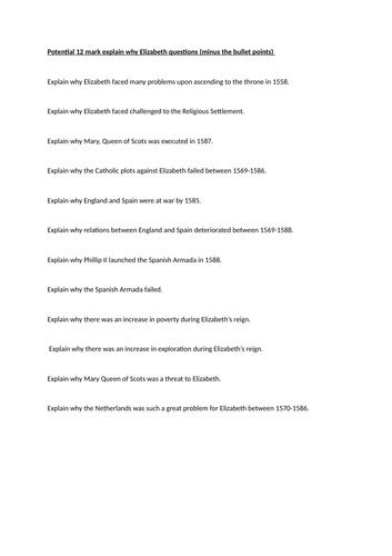 potential exam questions Elizabeth GCSE | Teaching Resources