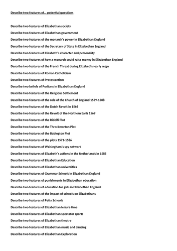 potential exam questions Elizabeth GCSE | Teaching Resources
