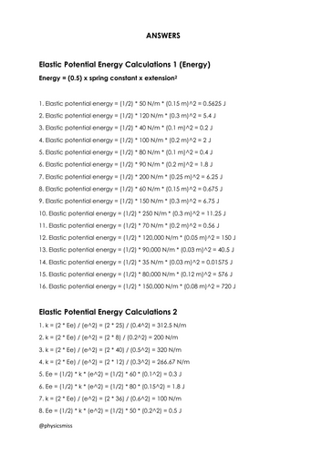GCSE Physics Worksheets [Ep = 1/2kE^2] Elastic Potential Energy ...