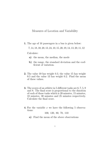 Measures of Location and Variability Worksheet (with solutions ...