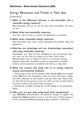 Energy Resources: SAQs | Teaching Resources