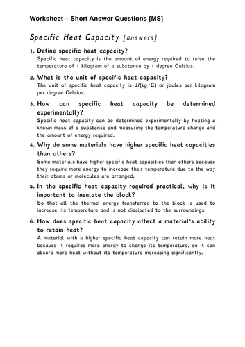 Specific Heat Capacity: SAQs | Teaching Resources