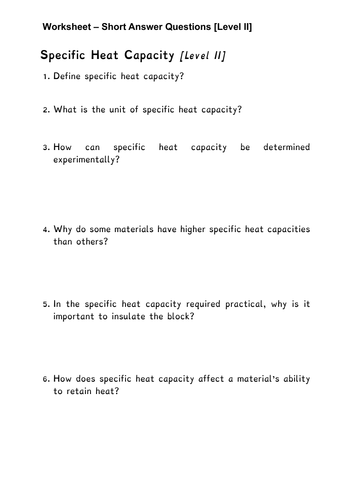 Specific Heat Capacity: SAQs | Teaching Resources