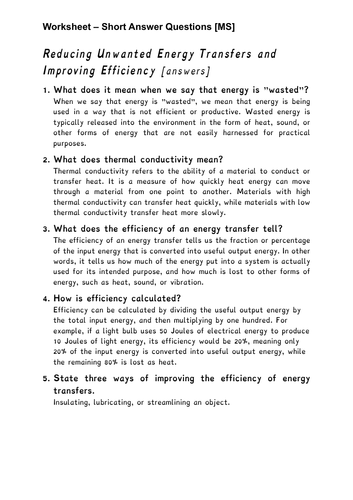 Reducing Waste and Improving Efficiency: SAQs | Teaching Resources