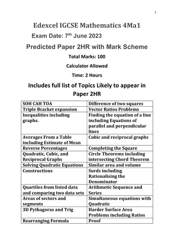 Edexcel IGCSE Mathematics 1-9 Predicted Paper 2 HR June 2023 | Teaching Resources