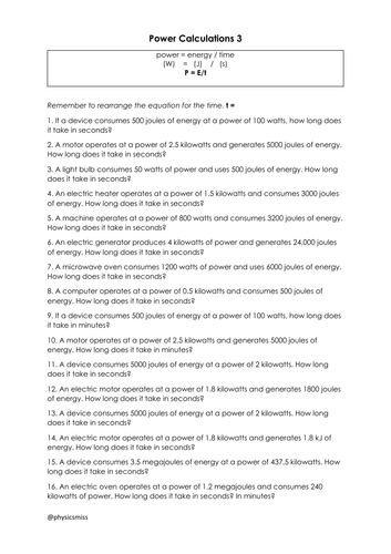 Worksheets Power Energy Time Calculations | Teaching Resources