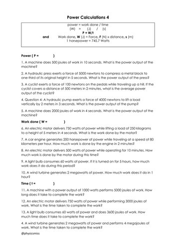 Worksheets Power Energy Time Calculations | Teaching Resources