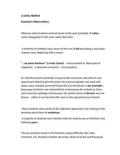 French A LEVEL grammar revision by reference to Examiners Observations ...