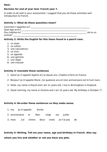 End of Year Revision- French Year 7 | Teaching Resources