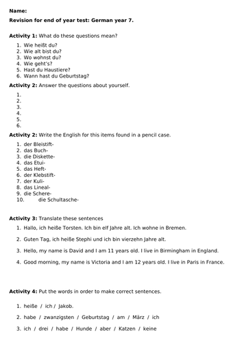 German Year 7 End of Year Revision | Teaching Resources
