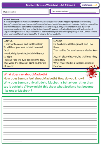 Macbeth Revision Worksheets | Teaching Resources