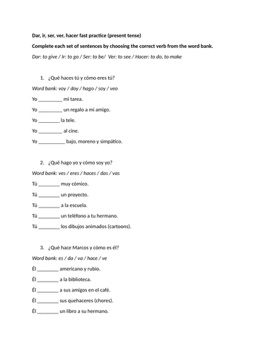Dar, ir, ser, ver, hacer fast practice (present tense) | Teaching Resources