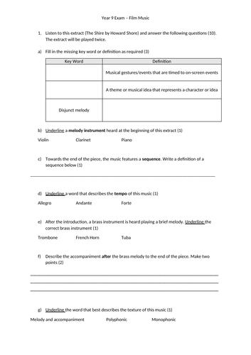 Film Music Listening Assessment | Teaching Resources