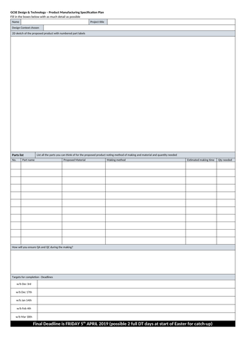 DT NEA - Manufacture Specification Planning | Teaching Resources