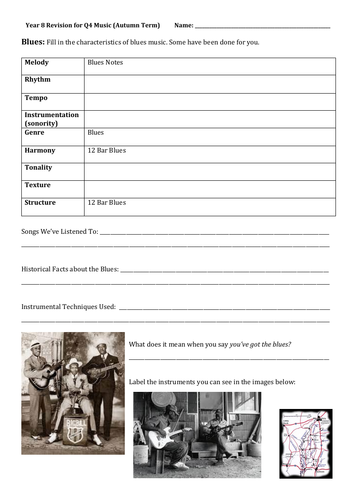 Blues Characteristics Worksheet | Teaching Resources