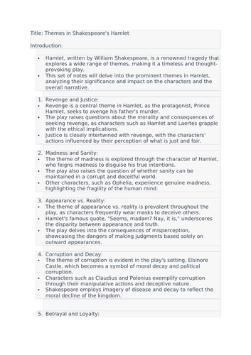 LC English 2023 Essay notes Hamlet themes | Teaching Resources