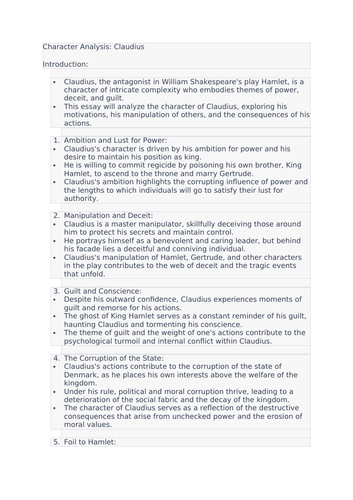 LC English notes character of Claudius Hamlet | Teaching Resources