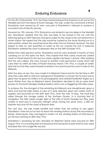 5x Endurance Theme Reading Comprehension Worksheets | Teaching Resources