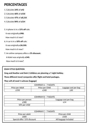 Planning a Holiday - Percentages and Discounts | Teaching Resources