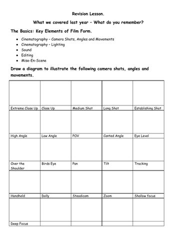 Film Studies Revision Worksheet - Key Elements | Teaching Resources