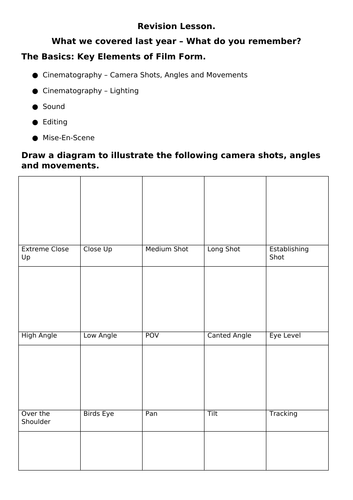 Film Studies Revision Worksheet - Key Elements | Teaching Resources