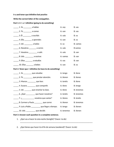 Ir a and tener que infinitive fast practice | Teaching Resources