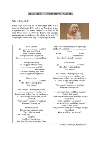 Why we dream / Billie Eilish - Everything I wanted (B1) | Teaching ...