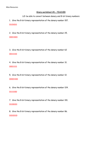 EDEXCEL Computer Science Converting binary worksheet #1 (2.1.3) | Teaching Resources