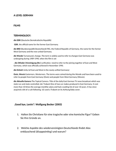 Teaching Resource: A LEVEL GERMAN literature and film GOOD BYE LENIN ...